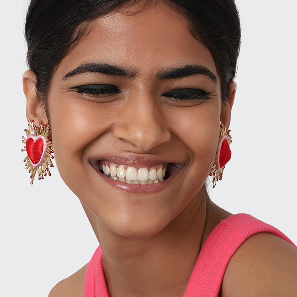 Sparkle Heart Silk Earrings Large "Pink - Red"- Olivia Dar