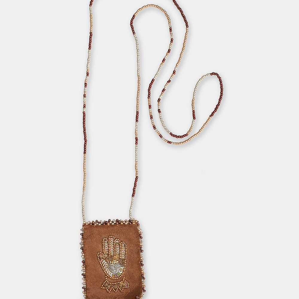 Gold Hand Talisman Necklace – Hand-Embroidered Leather Jewelry - Olivia Dar