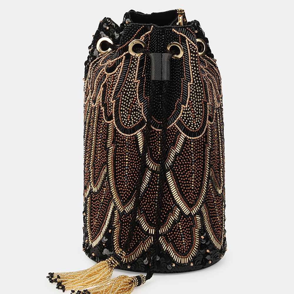 Black Gold Feather Structured Bucket Bag – Hand-Embroidered with Glass ...