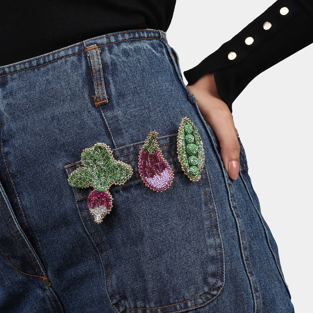 Pea Brooch – Hand-Embroidered Seed Beads, Unique Piece - Olivia Dar