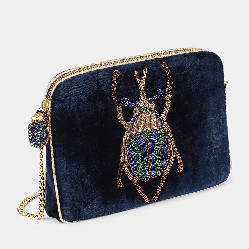 Beetle Sling Bag – Hand-Embroidered Velvet, Unique Piece - Olivia Dar