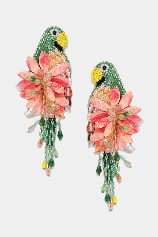 Khaki Beaded Parrot Bird Earrings - Olivia Dar